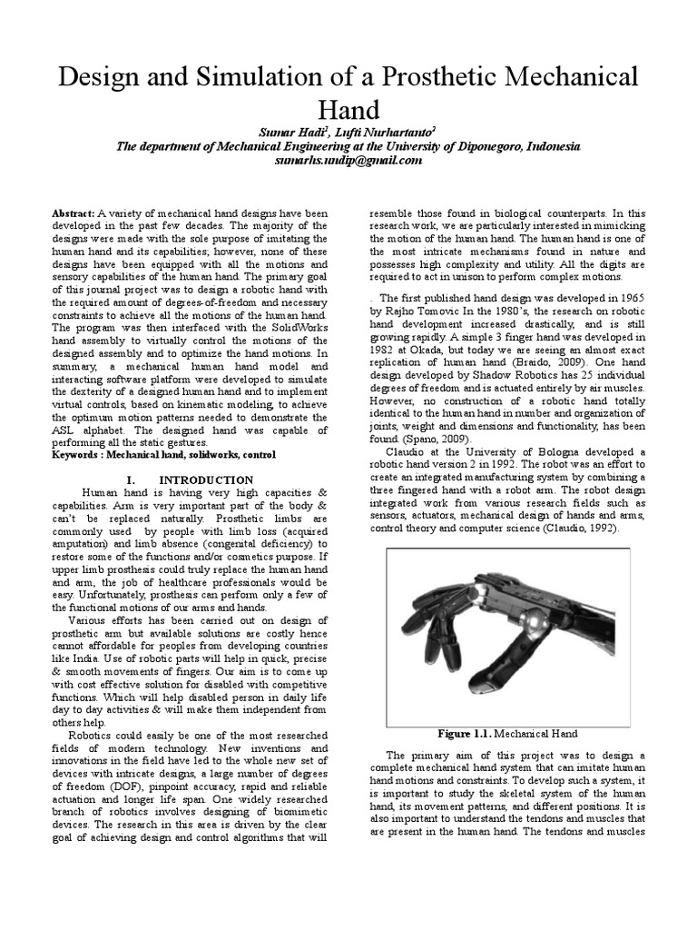 Design and Simulation of A Prosthetic Mechanical Hand | Download Free ...