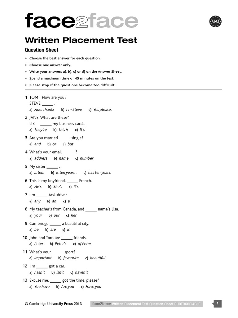 Face To Face Placement Test PDF | PDF