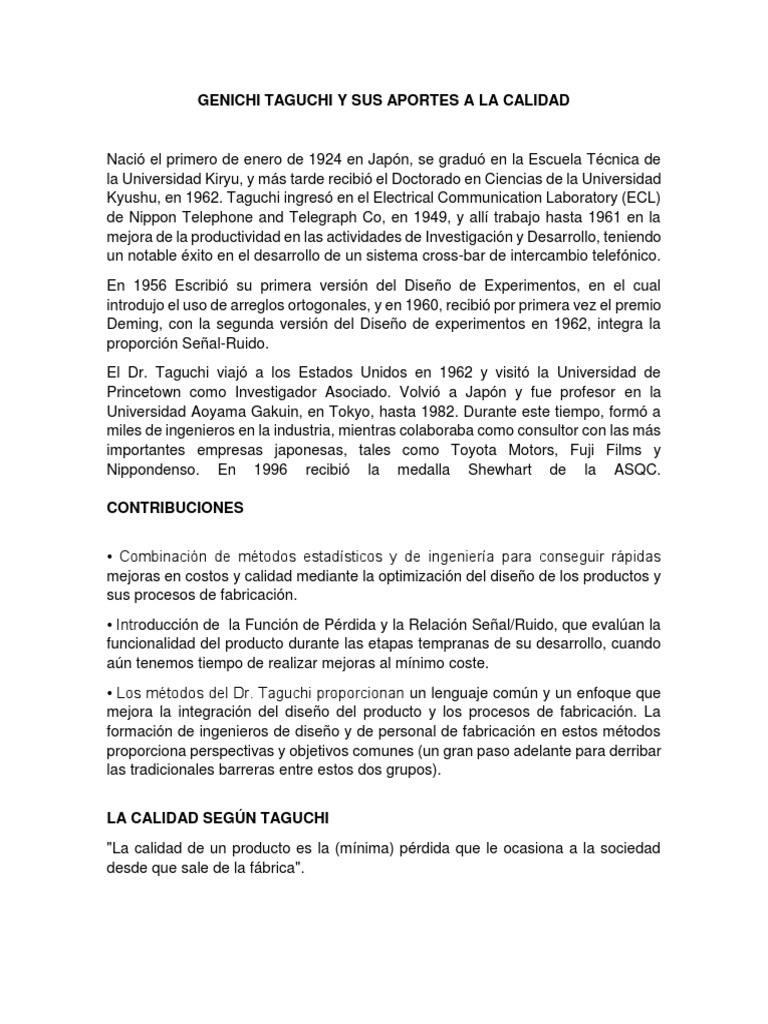 Genichi Taguchi y Sus Aportes A La Calidad | PDF | Calidad (comercial ...