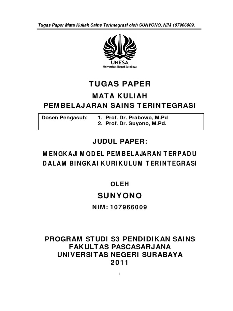 Tugas Paper: Mata Kuliah Pembelajaran Sains Terintegrasi