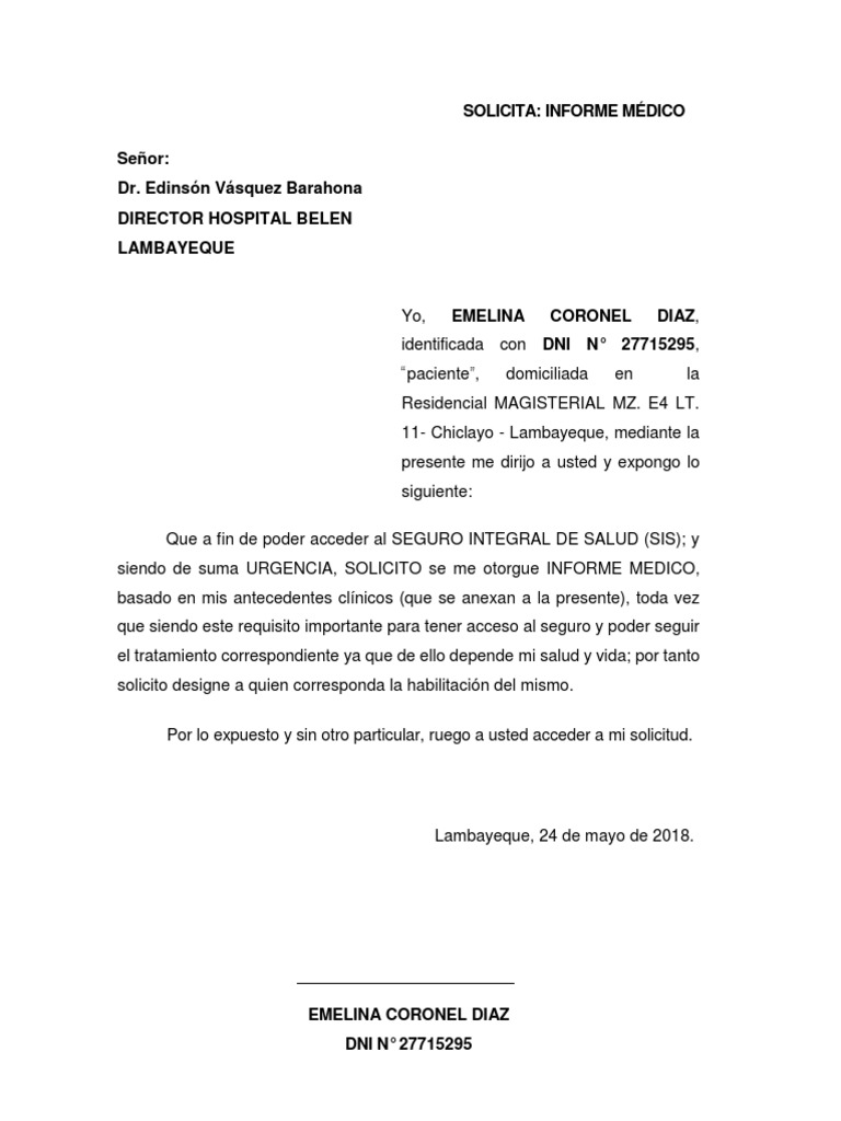 Solicito Informe Medico Hospital Belen | PDF