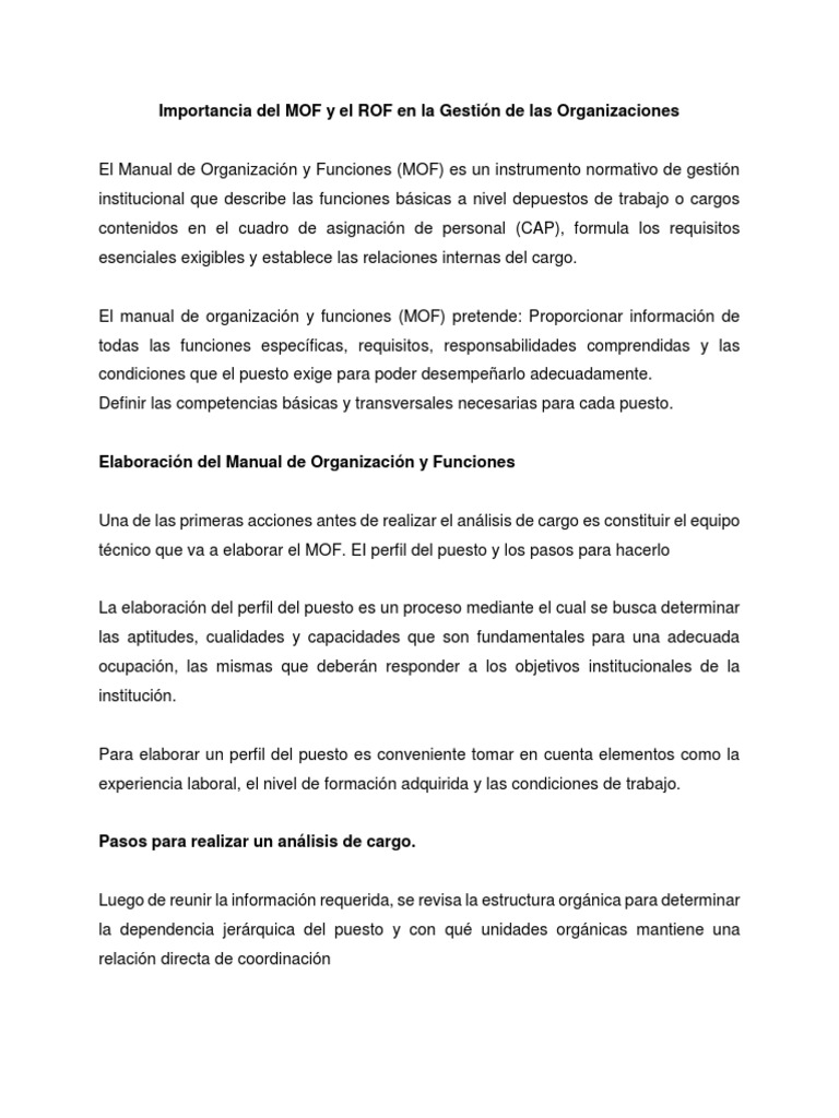 Importancia Del MOF y El ROF en La Gestion de Las Organizaciones | PDF | Regulación | Presupuesto