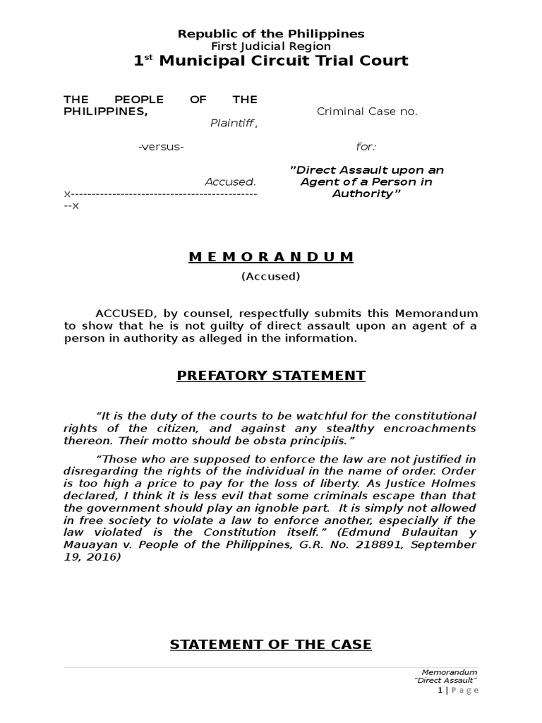Direct Assault Case Memorandum | PDF | Search And Seizure | Search Warrant