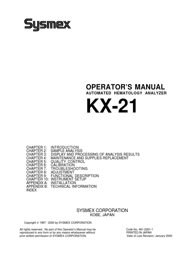 Sysmex KX-21 Hematology Analyzer - Instruction Manual PDF | PDF | Ac ...