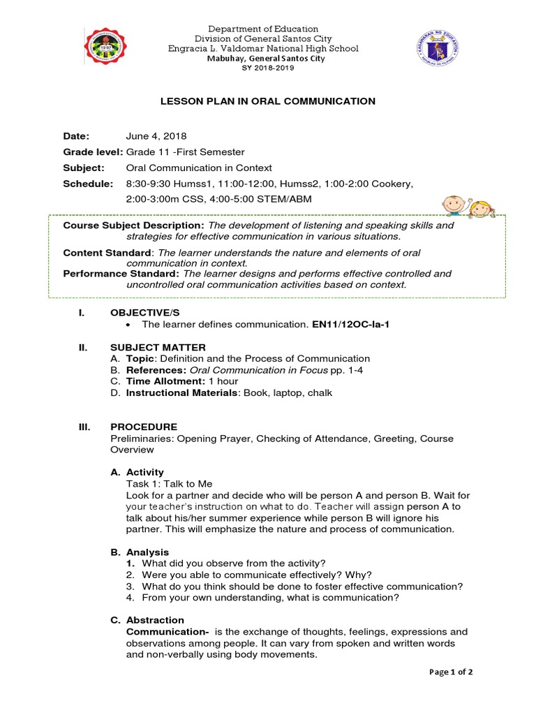 Oral Communication Lesson Plan | PDF | Lesson Plan | Communication