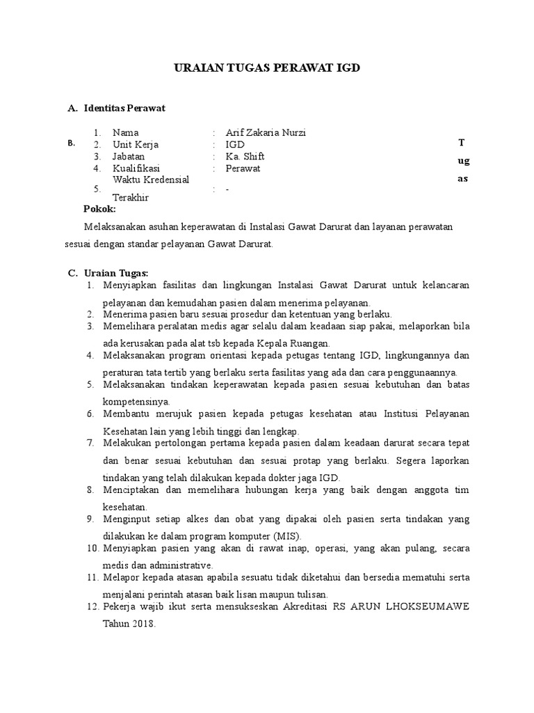 Uraian Tugas Perawat Igd | PDF