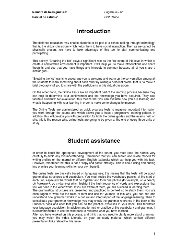 Nombre de La Asignatura: Parcial de Estudio:: English III - IV First ...