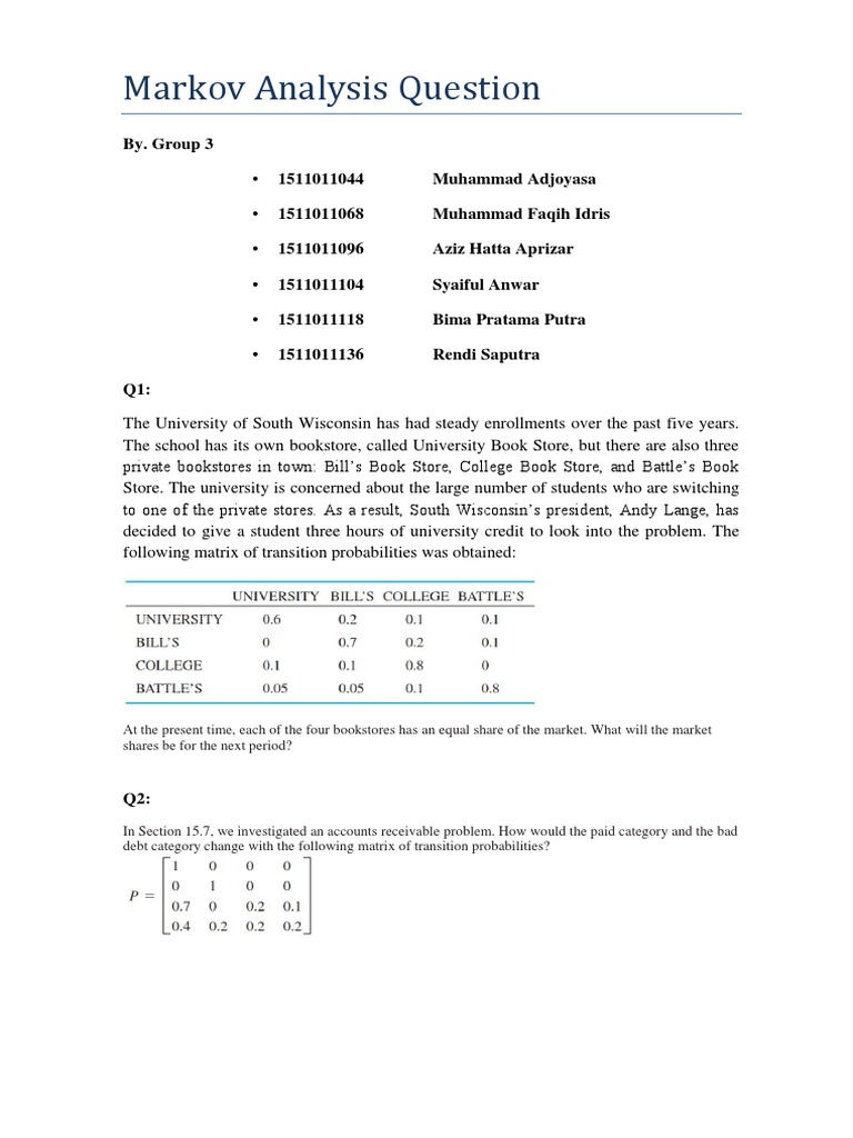Markov Analysis Question | PDF | Markov Chain | Statistical Theory