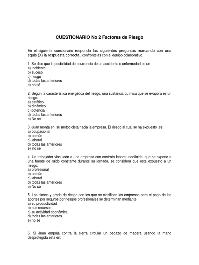 CUESTIONARIO No 2 Factores de Riesgo | PDF | Riesgo | Contaminación