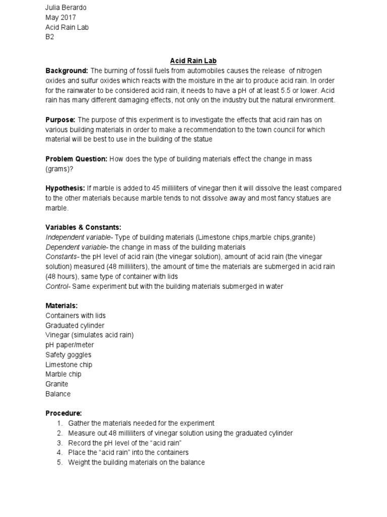 Acid Rain Lab - Julia Berardo | PDF | Rain | Experiment