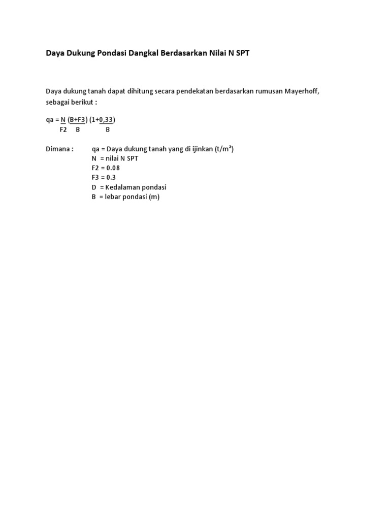 Daya Dukung Pondasi Dangkal Berdasarkan Nilai N SPT | PDF