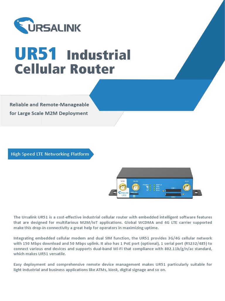 Ursalink Industrial Cellular Router UR51 Datasheet | Download Free PDF | Ieee 802.11 | Wi Fi