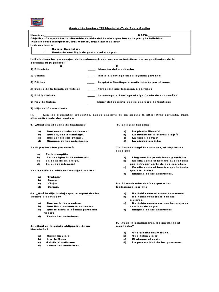 Control de Lectura El Alquimista 1 | PDF