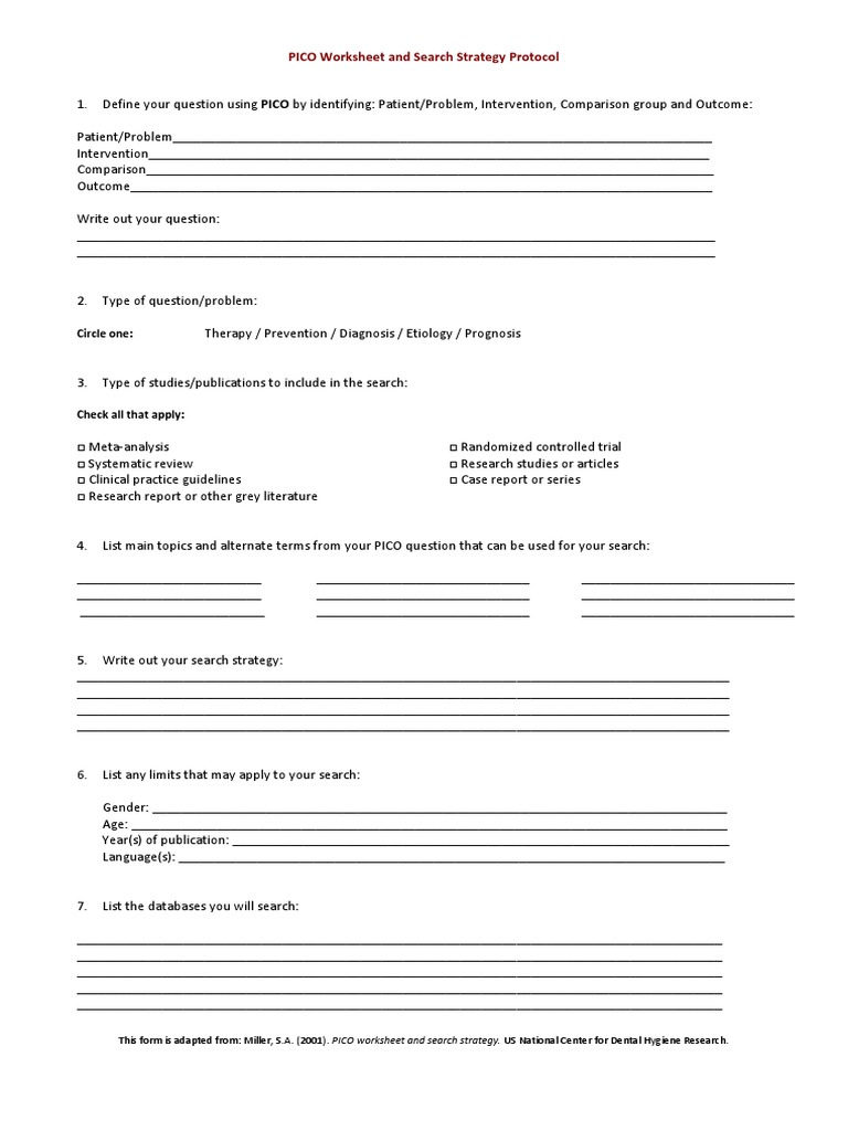 PICO Worksheet PDF | Systematic Review | Medical Specialties