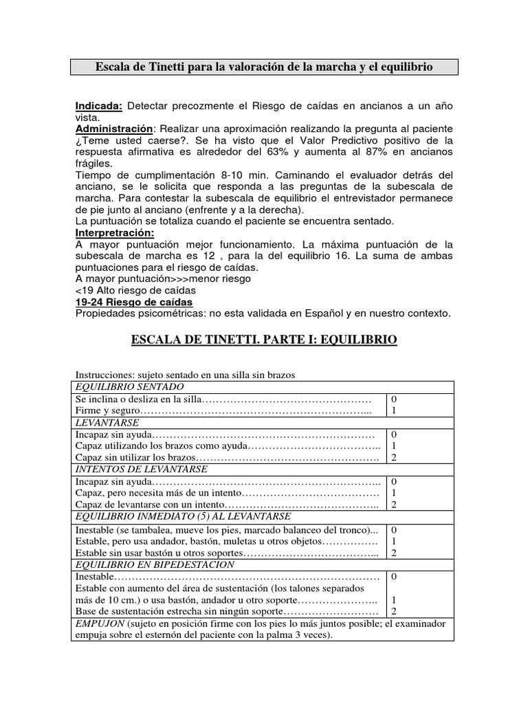 Escala Tinetti - Escala de Marcha y Equilibrio PDF | PDF