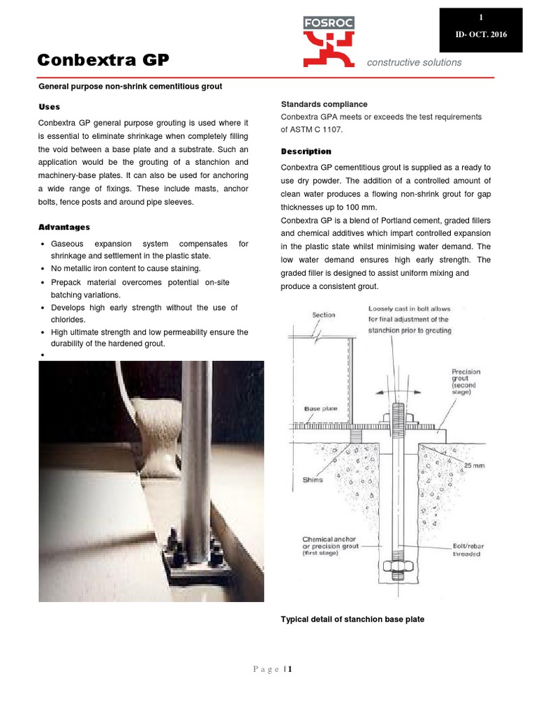 Conbextra GP: General Purpose Non-Shrink Cementitious Grout Uses | PDF ...