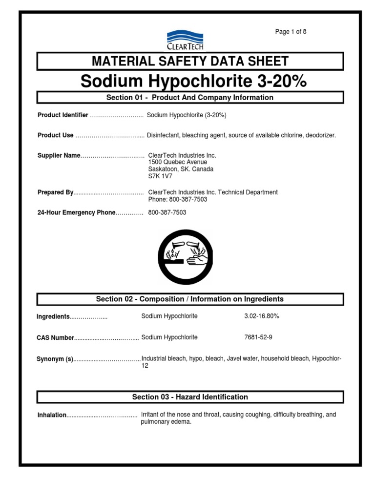Sodium Hypochlorite 3-20%: Material Safety Data Sheet | PDF | Chlorine ...