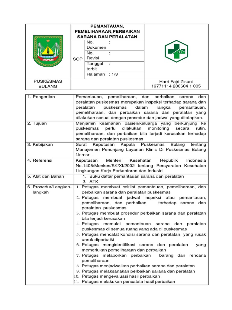 8.5.1.4 Sop-Pemantauan, Pemeliharaan, Perbaikan Sarana Dan Peralatan | PDF