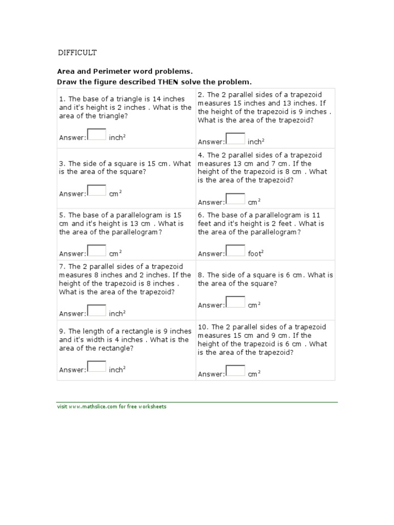 Area and Perimeter Word Problems Worksheet | PDF | Language Arts ...