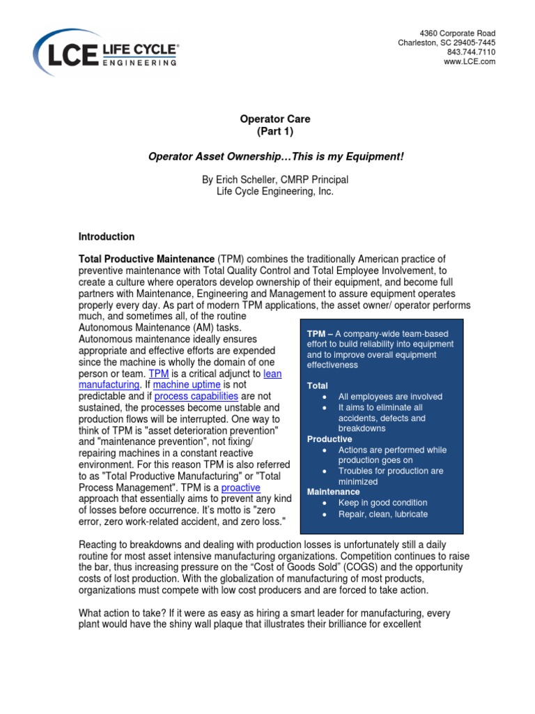 Operator Care in TPM for Asset Reliability | PDF | Reliability ...