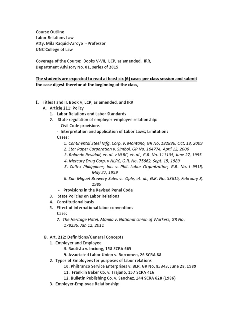 Labor Relations Law Course Outline | PDF | Trade Union | Employment