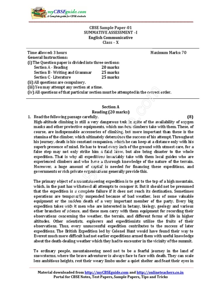 English Communicative: CBSE Sample Paper-01 Summative Assessment - I Class - X | PDF ...
