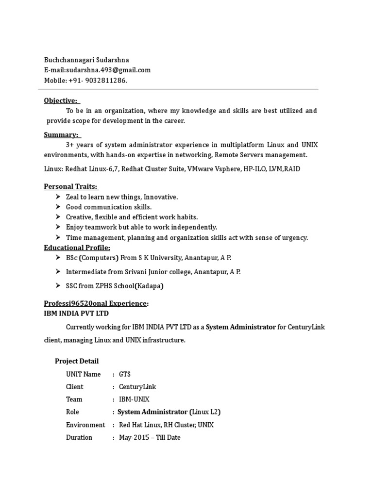 Sudarshana Linux Resume | PDF | Server (Computing) | System Administrator