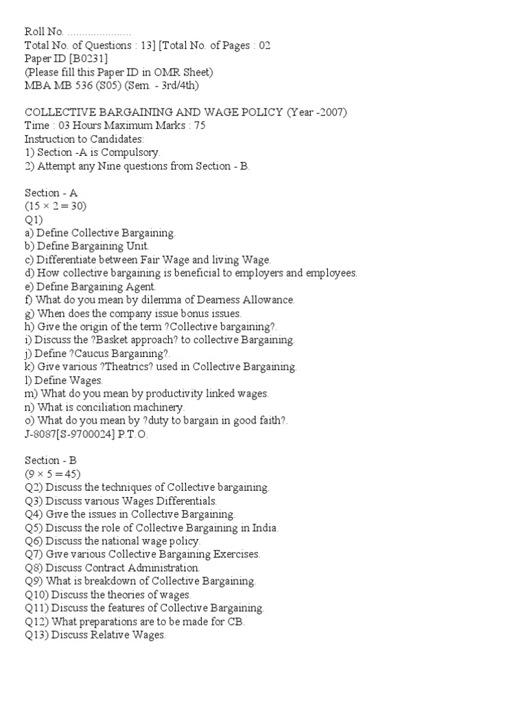 Ptu Question Papers | PDF | Collective Bargaining | Wage
