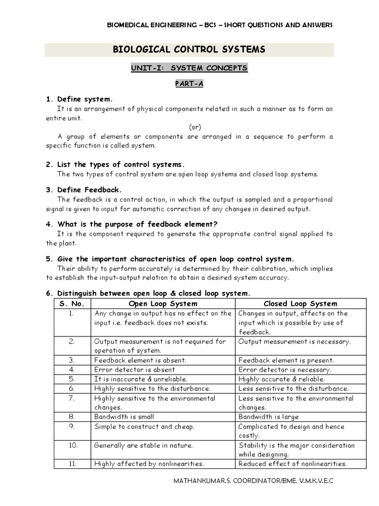 Biological Control Systems: Biomedical Engineering - Bcs - Short ...