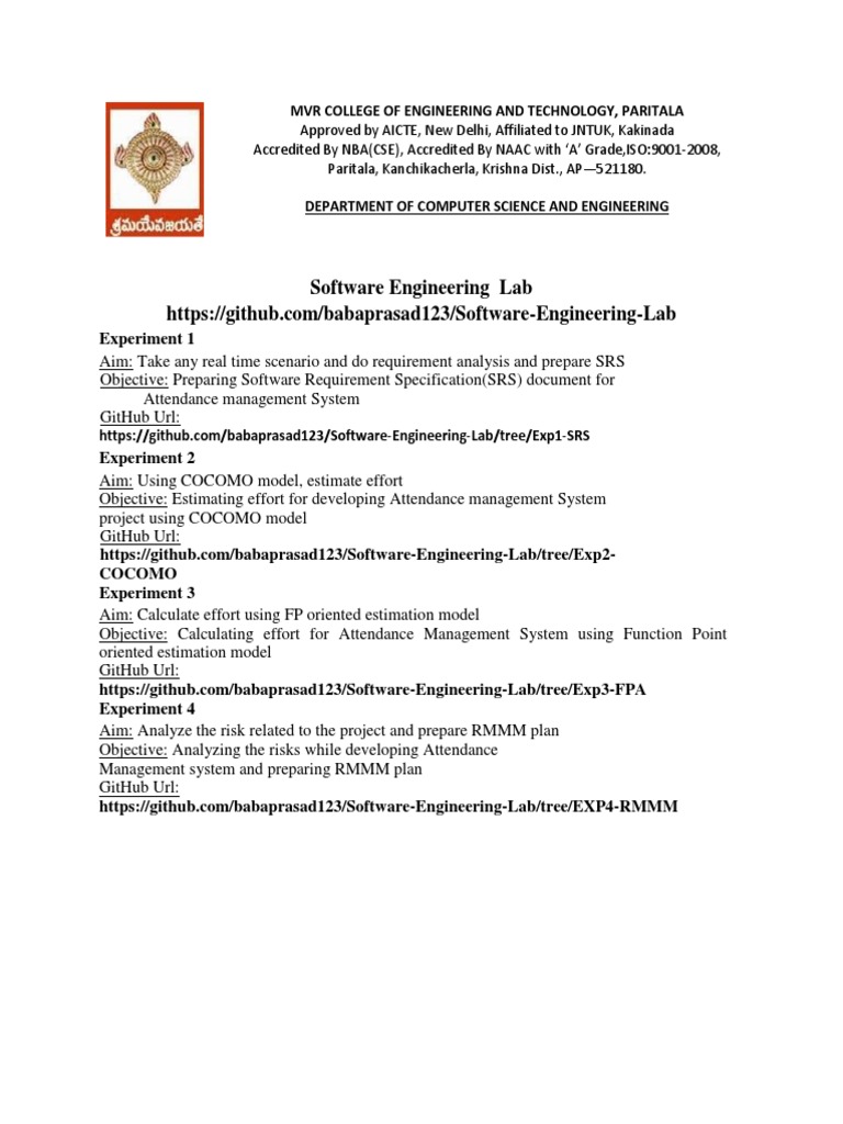 Software Engineering Lab: MVR College of Engineering and Technology ...