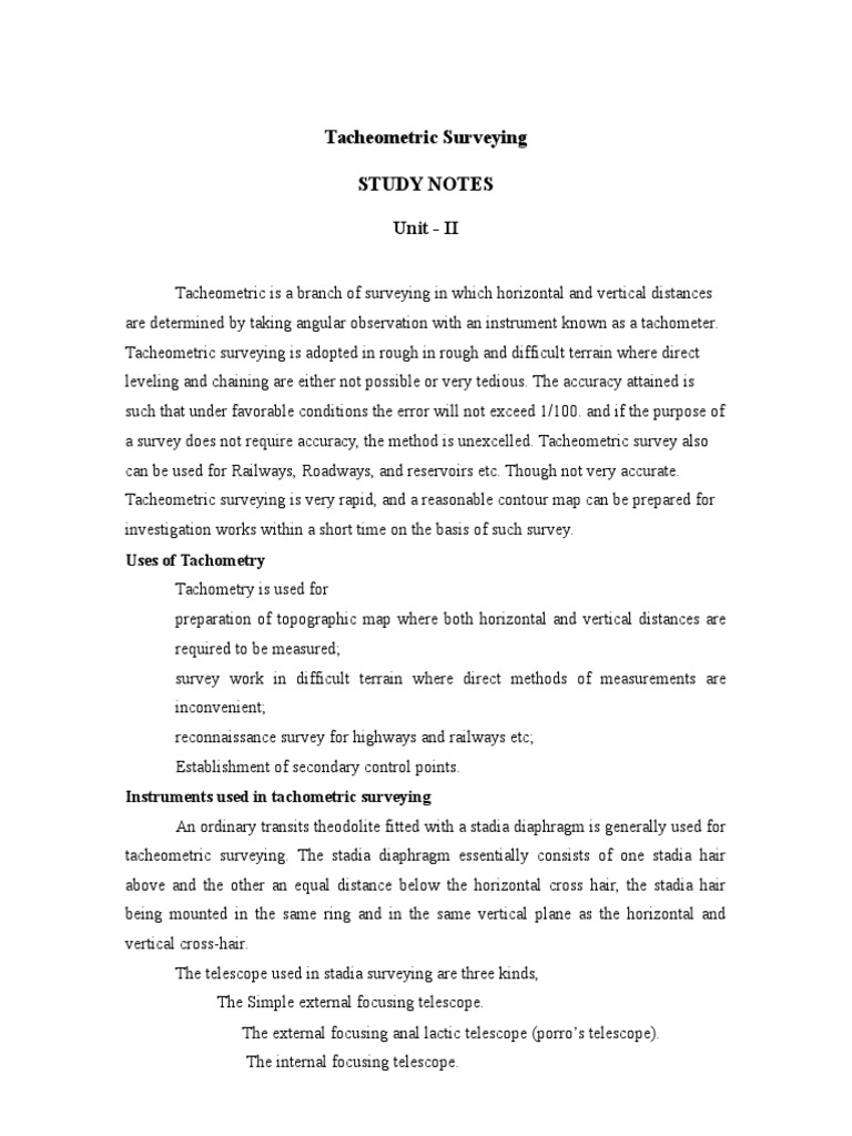 Tacheometric Surveying Study Notes: Unit - II | PDF | Surveying ...