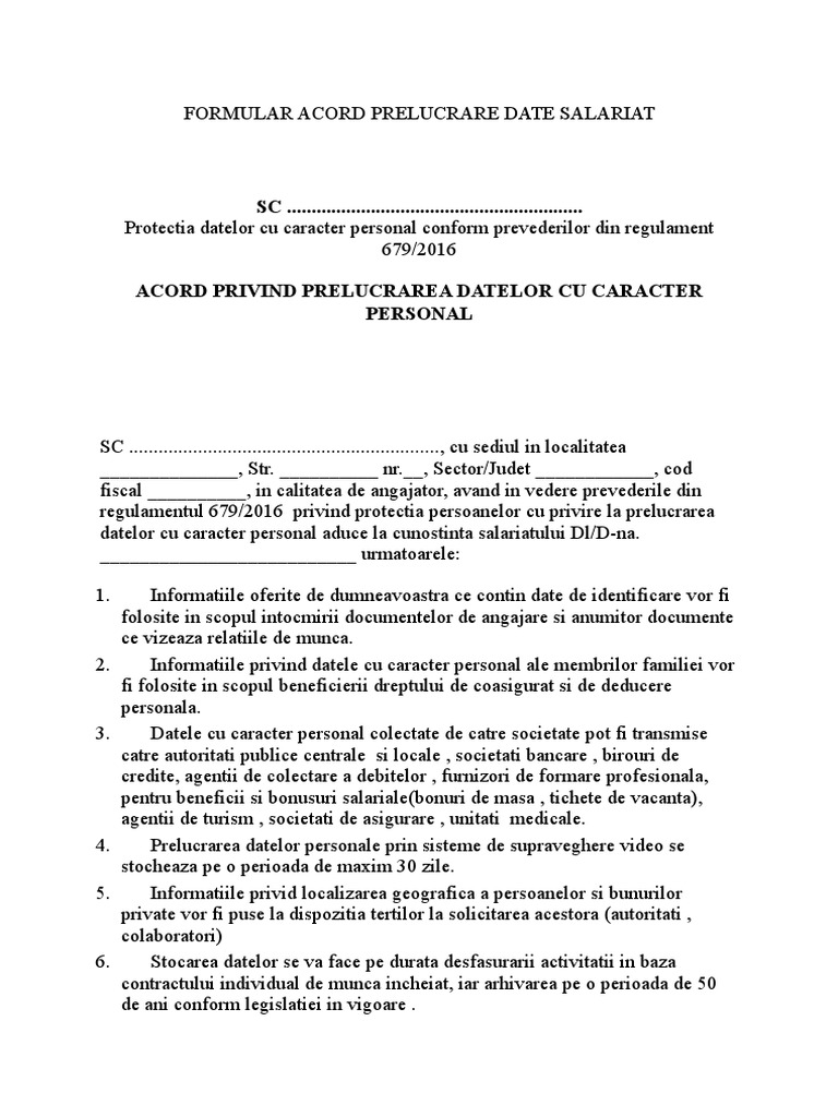 Formular Acord Prelucrare Date Salariat