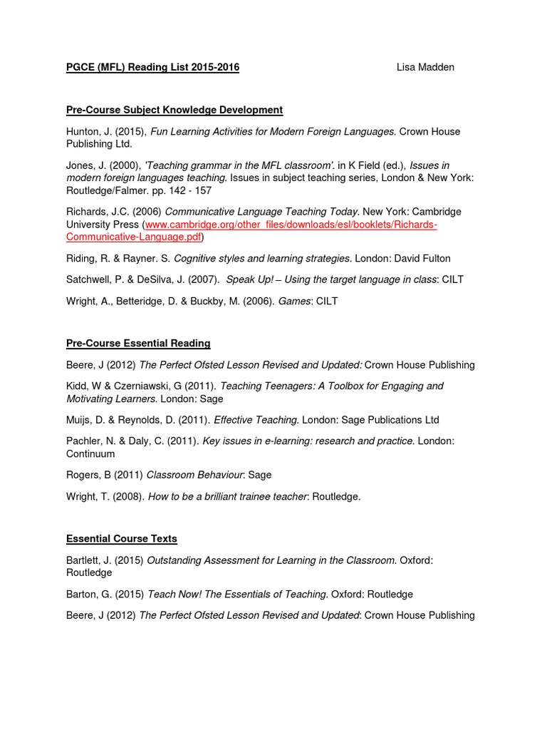 MFL Reading List | PDF | Language Education | Foreign Language
