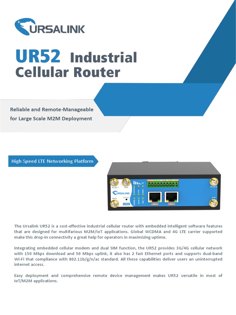 Ursalink UR52 Industrial Cellular Router Datasheet | PDF | Ieee 802.11 | Wi Fi