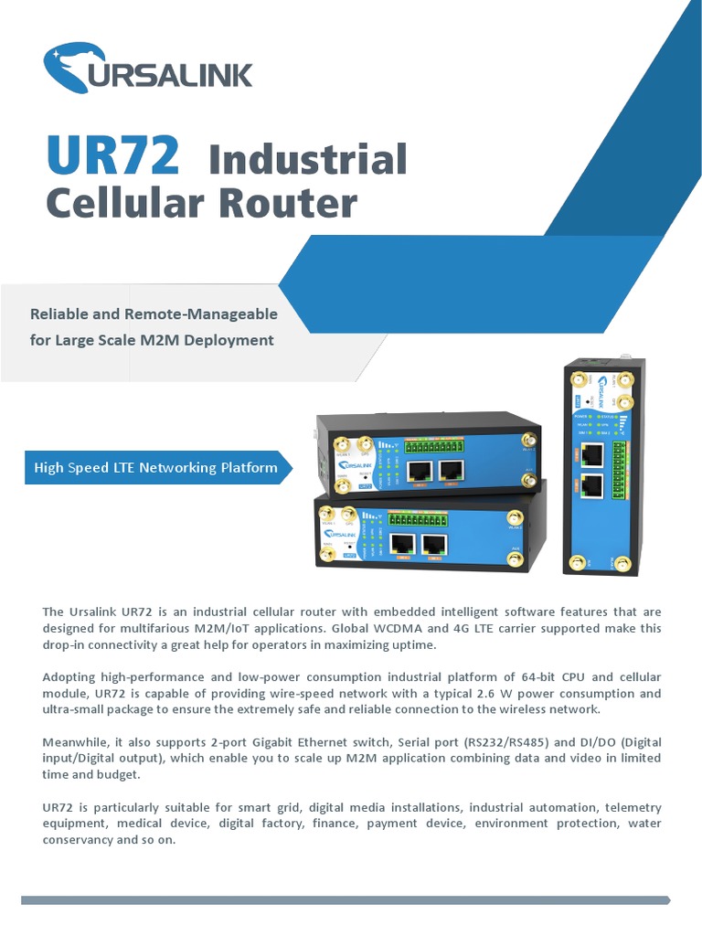 Ursalink UR72 Industrial Cellular Router Datasheet | PDF | Ieee 802.11 | Solid State Drive