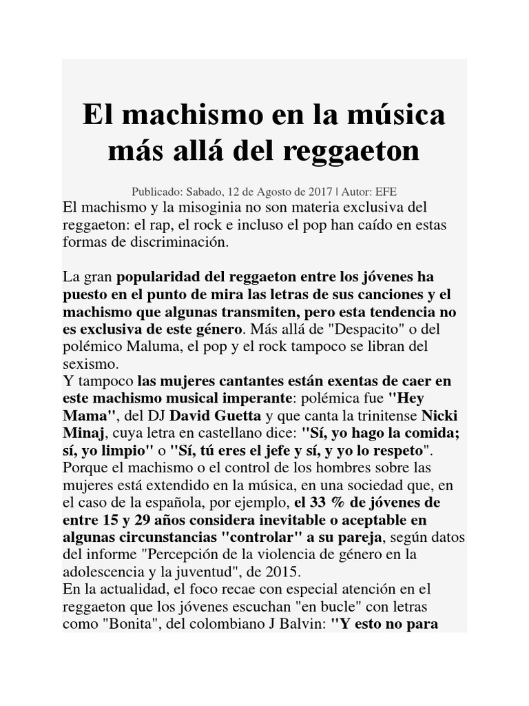 El Machismo en La Música Más Allá Del Reggaeton | PDF | Machismo ...