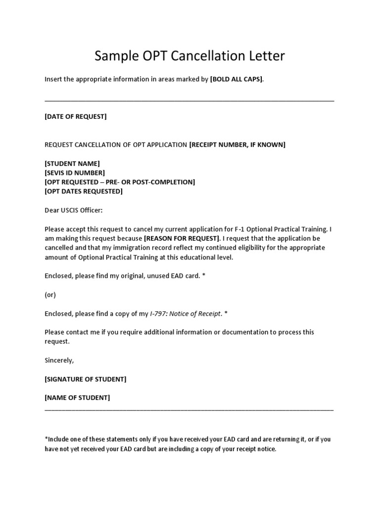 Sample Opt Cancellation Letter | PDF