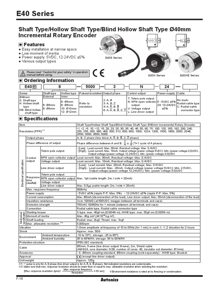E40 Series: Shaft Type/Hollow Shaft Type/Blind Hollow Shaft Type Ø40mm Incremental Rotary ...