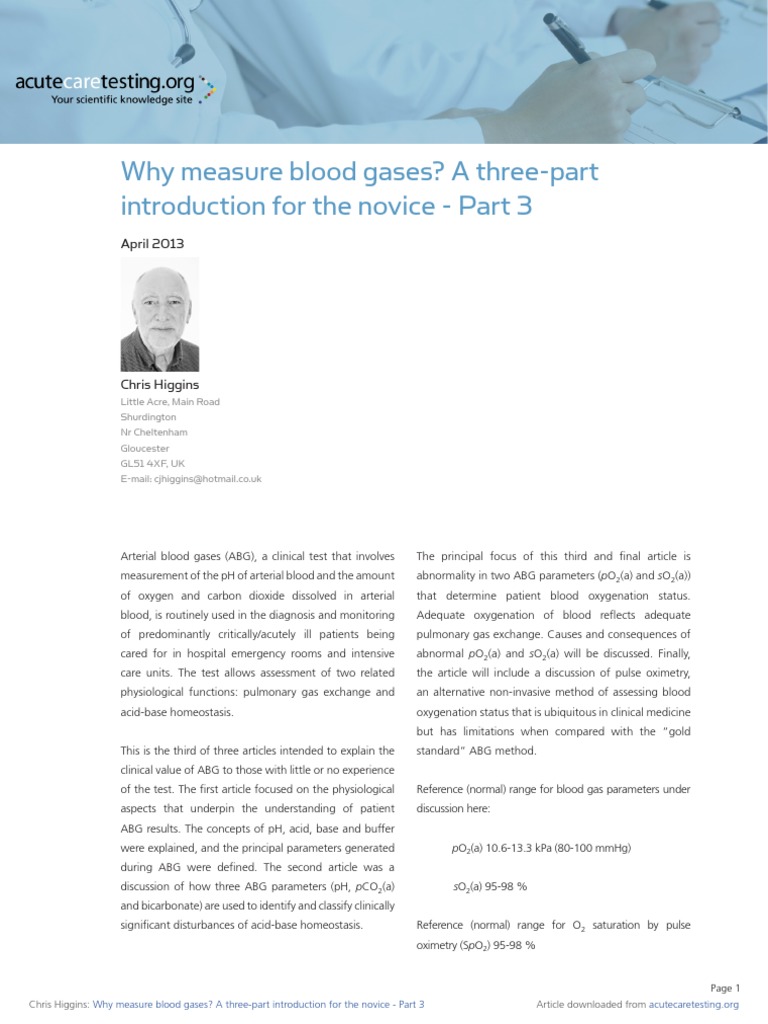 Why Measure Blood Gases A Threepart Introduction For The Novice Part 3 ...