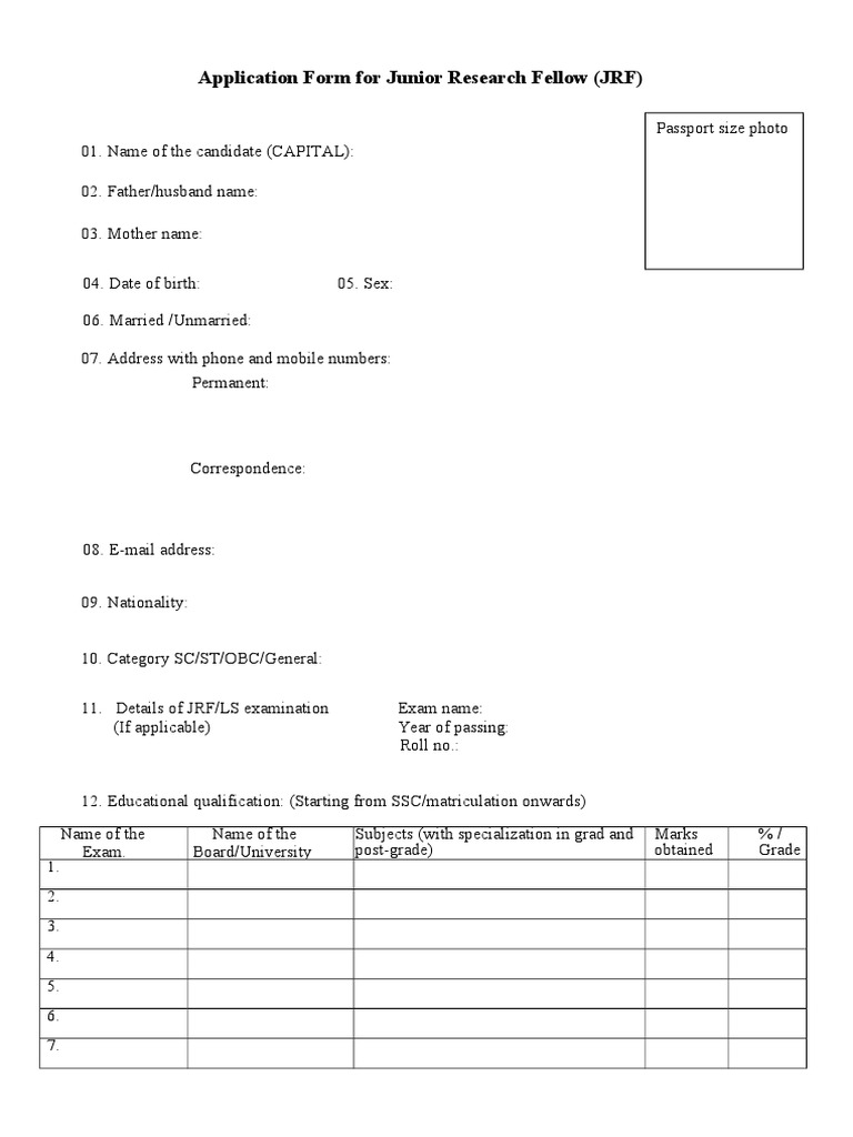 Application Form For Junior Research Fellow (JRF) | PDF | Educational ...