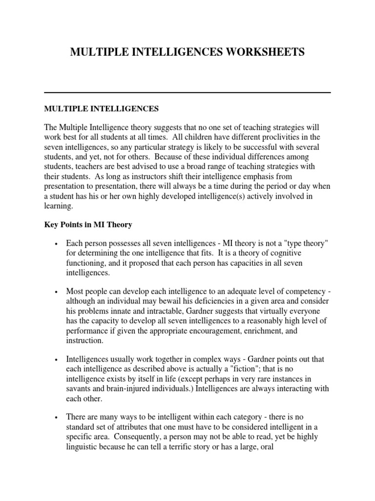 Multiple Intelligences Worksheets | PDF | Intelligence | Singing