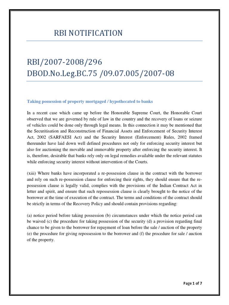 Rbi Notification and Research | PDF | Security Interest | Repossession