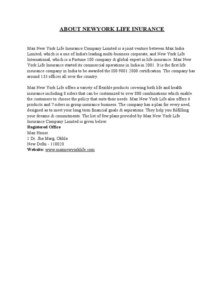 Max New York Life Insurance Overview | PDF