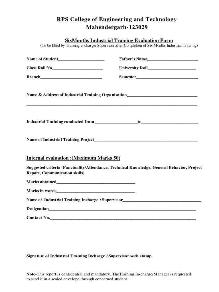 RPS College Engineering Student 6 Month Industrial Training Evaluation ...