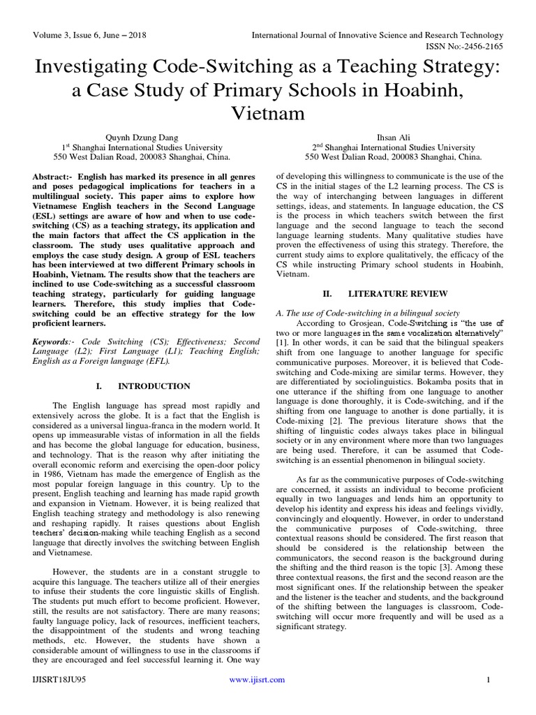 Investigating Code Switching As A Teaching Strategy A Case Study of Primary Schools in Hoabinh ...