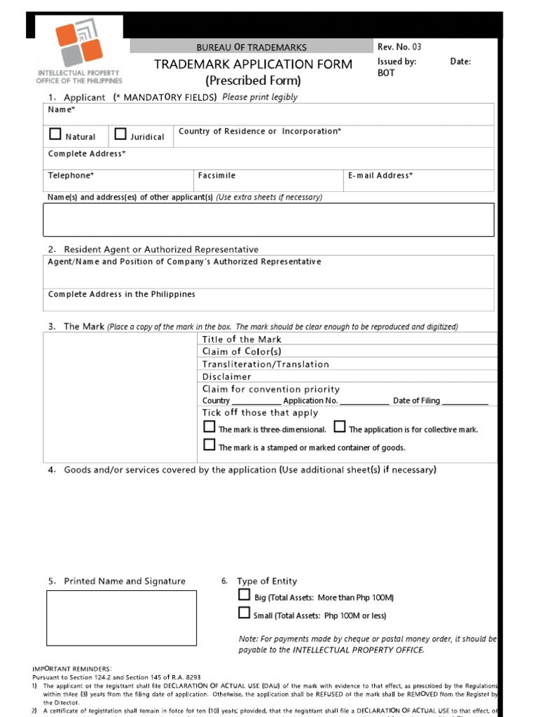 (Prescribed Form) : (Place A Copy of The Mark in The Box. The Mark ...