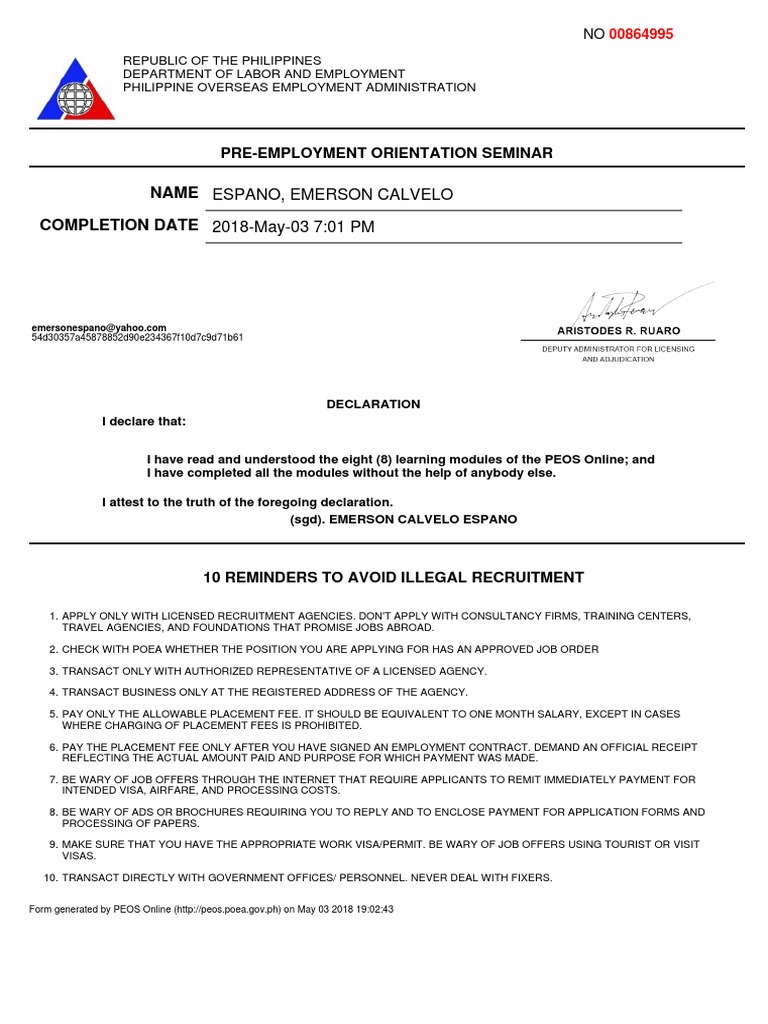POEA Pre-Employment Orientation Seminar Certificate for Emerson Espano ...