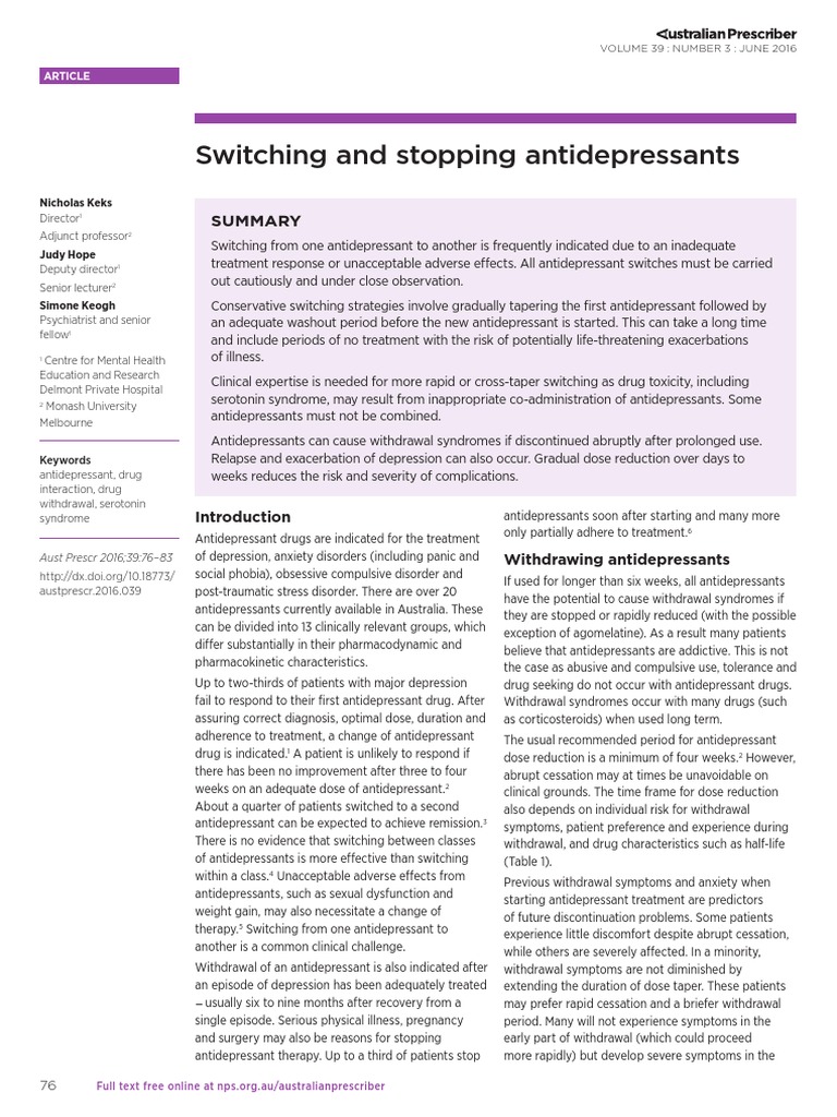 Switching and Stopping Antidepressants: Nicholas Keks | PDF ...