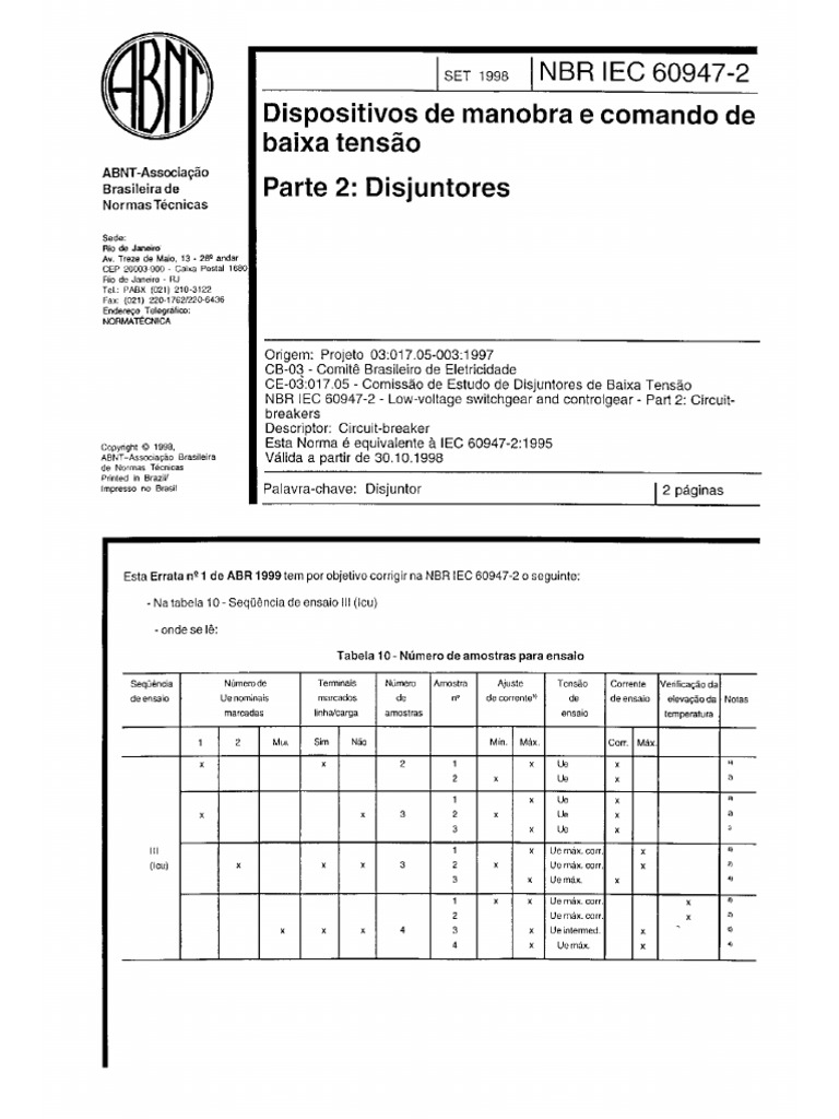 NBR IEC 60947-2 - 1998 - Dispositivos de Manobra e Comando de Baixa Tensão - Parte 2 PDF | PDF