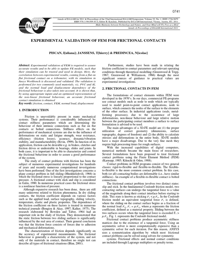 Experimental Validation of Fem For Frictional Contacts: PISCAN, I (Uliana) JANSSENS, T (Hierry ...